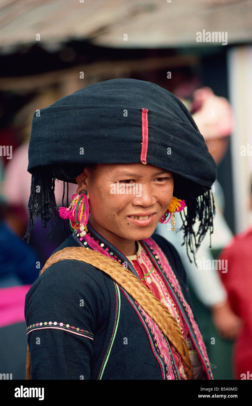 Portrait of a Blang woman in traditional dress at Menghai Yunnan ...