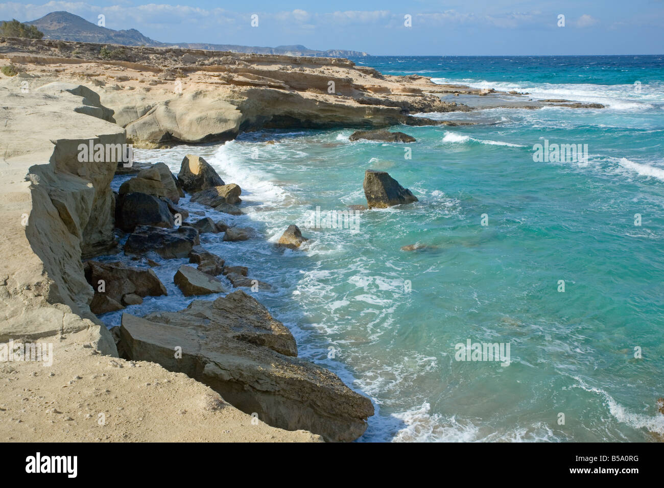White cliffs at Sarakinikos, Milos Island, Greece, formed by volcanic ...