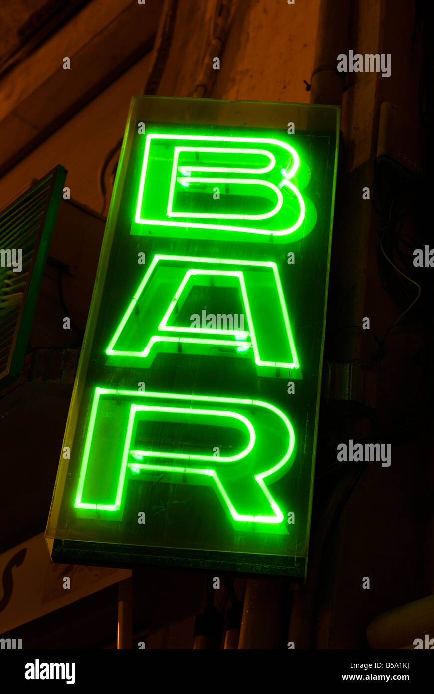 Neon bar sign in the historic El Carmen city centre of Valencia Spain ...