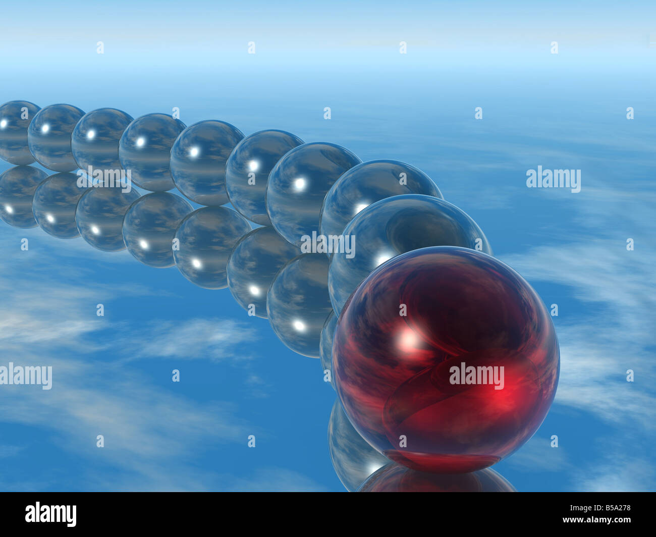 Row spheres with a reflecting surface located on a mirror Stock Photo ...