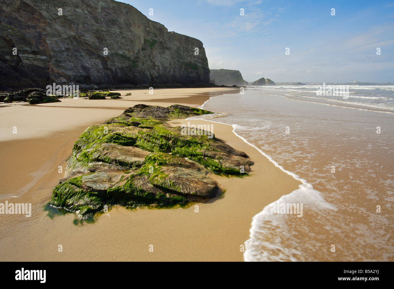 Cliffs and beach at Watergate Bay, Cornwall Stock Photo - Alamy