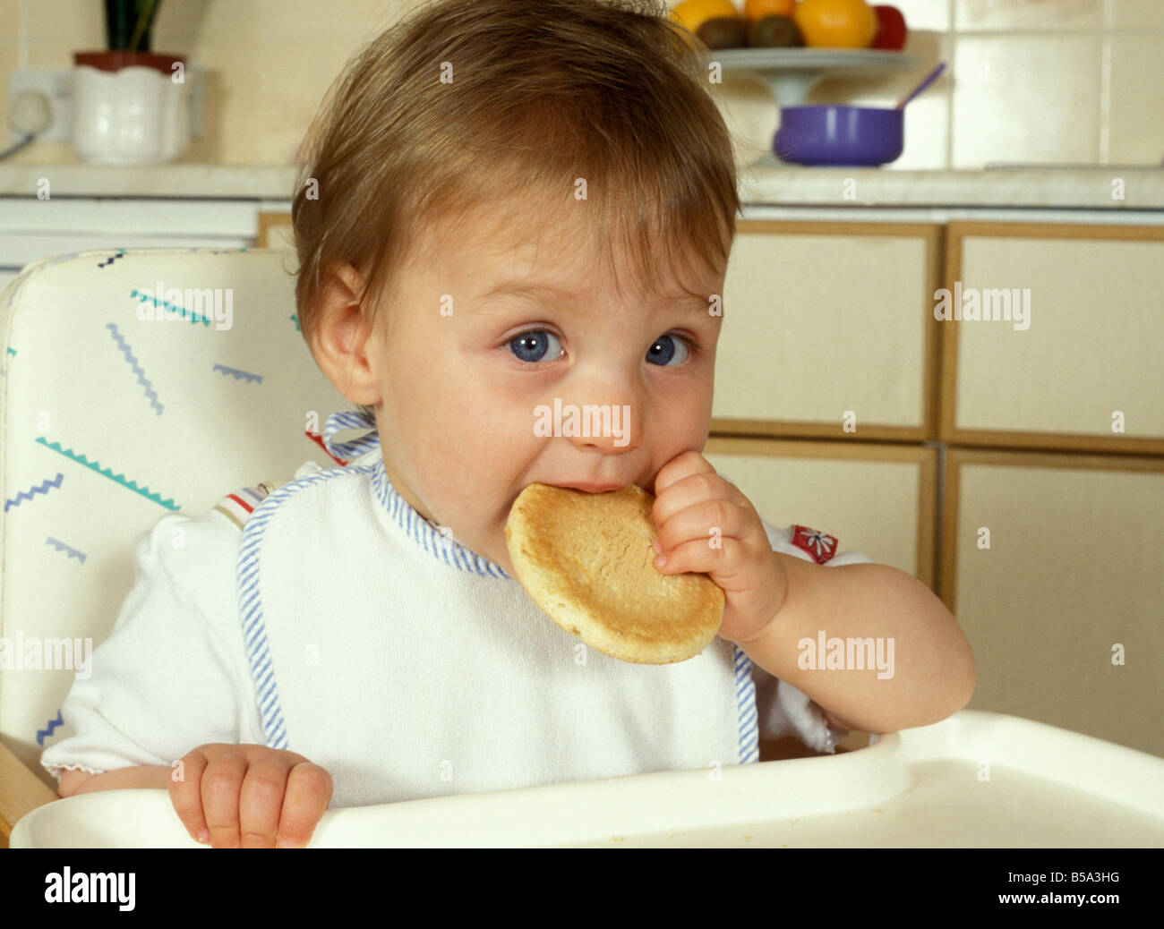 young baby in high chair eating rusk Stock Photo - Alamy