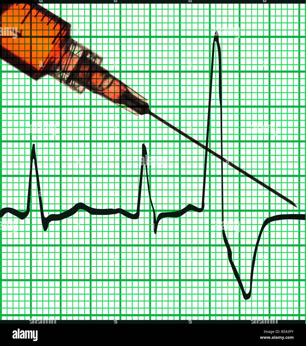 Hypodermic needle and EKG electrocardiogram background Stock Photo - Alamy