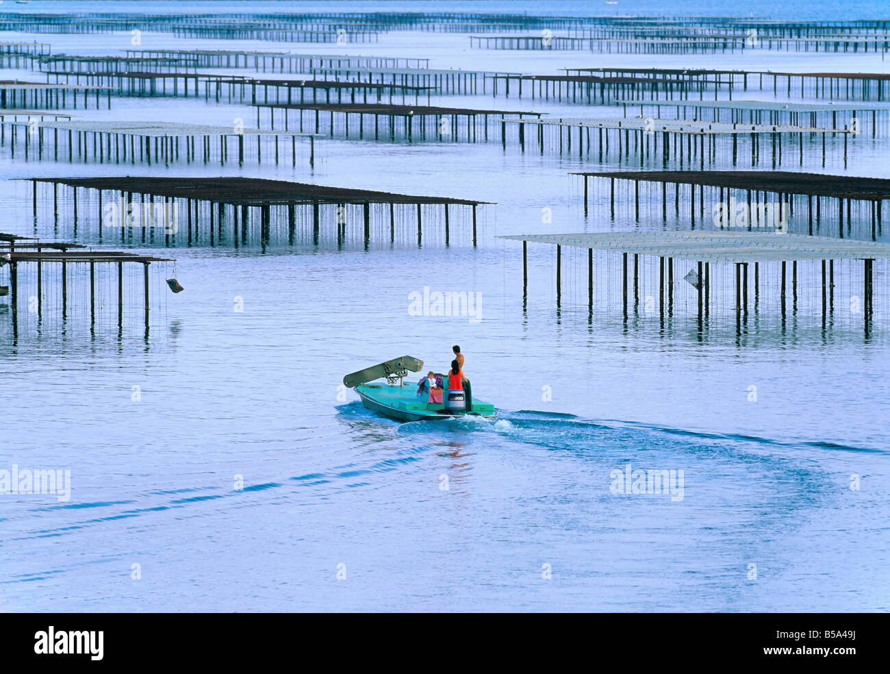 OYSTER-FARMERS ON BOAT SAILING TO OYSTER FARM "BASSIN DE THAU" BASIN ...