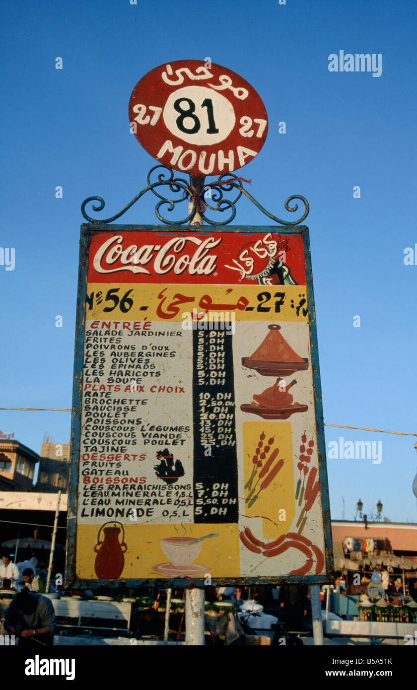 Food stall in square Large sign Menu items Prices Advertising MARRAKESH ...