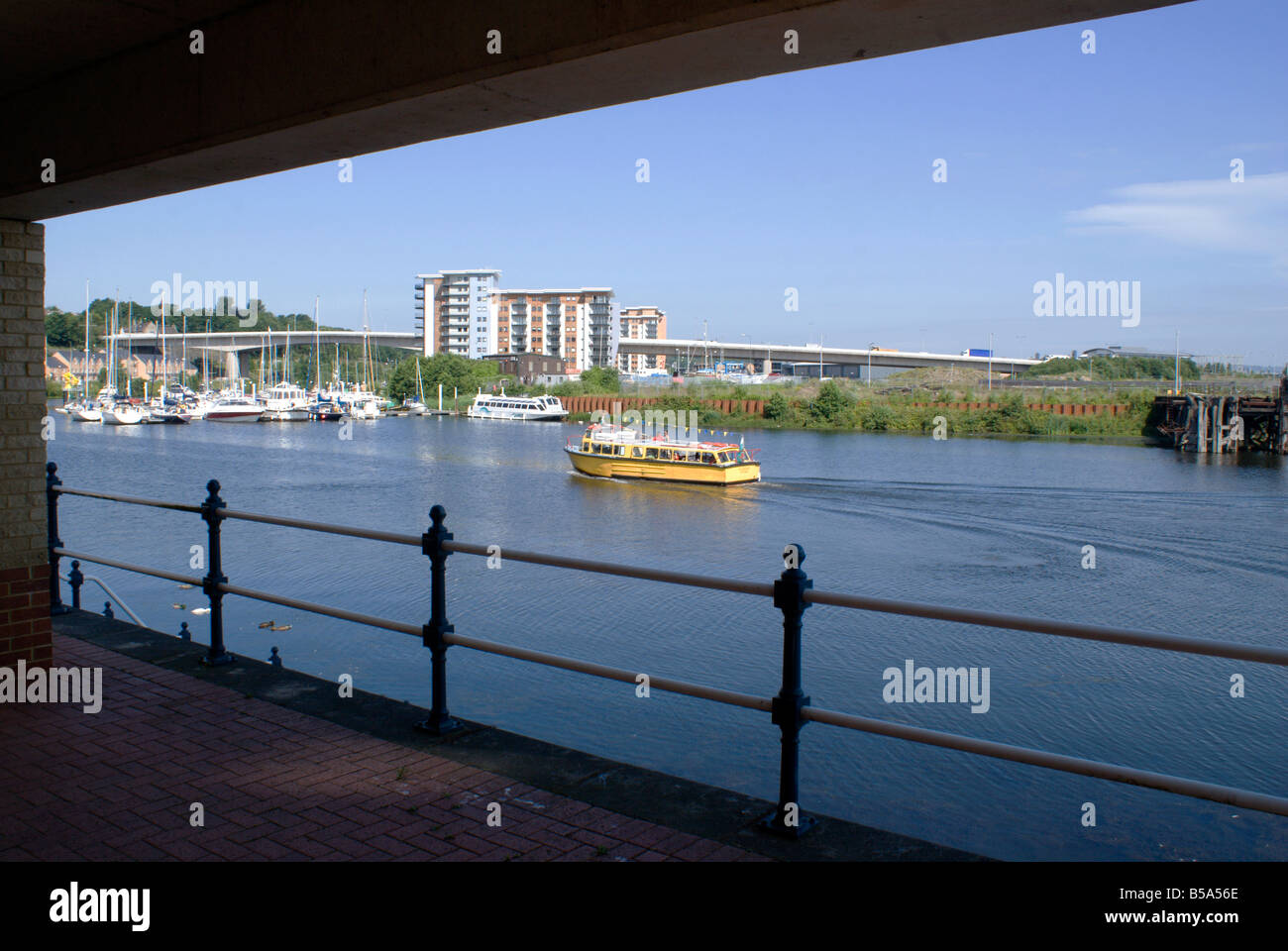 waterbus sailing up river ely cardiff bay south wales Stock Photo - Alamy