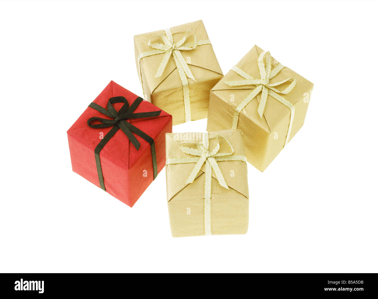 Red gift box among gold color boxes Stock Photo - Alamy