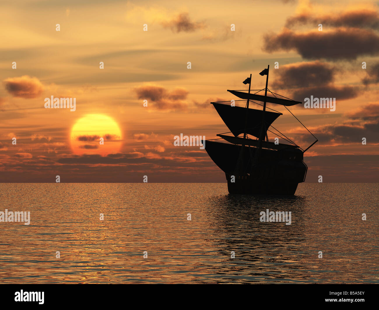 The ship on sunset A sailing vessel floating on ocean Stock Photo - Alamy