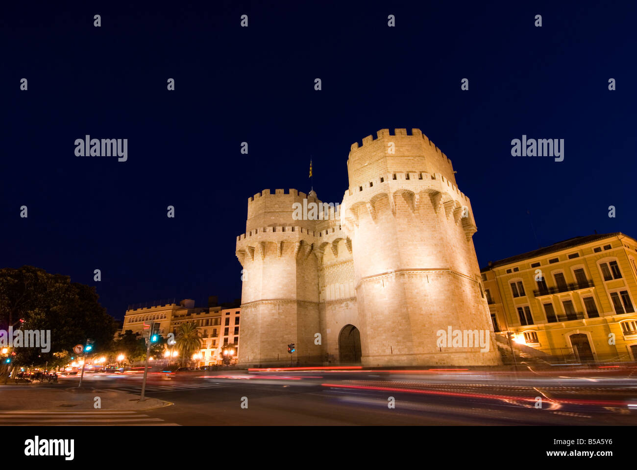 Landmark gothic city gates Torres de Serrano of Valencia Spain Stock ...