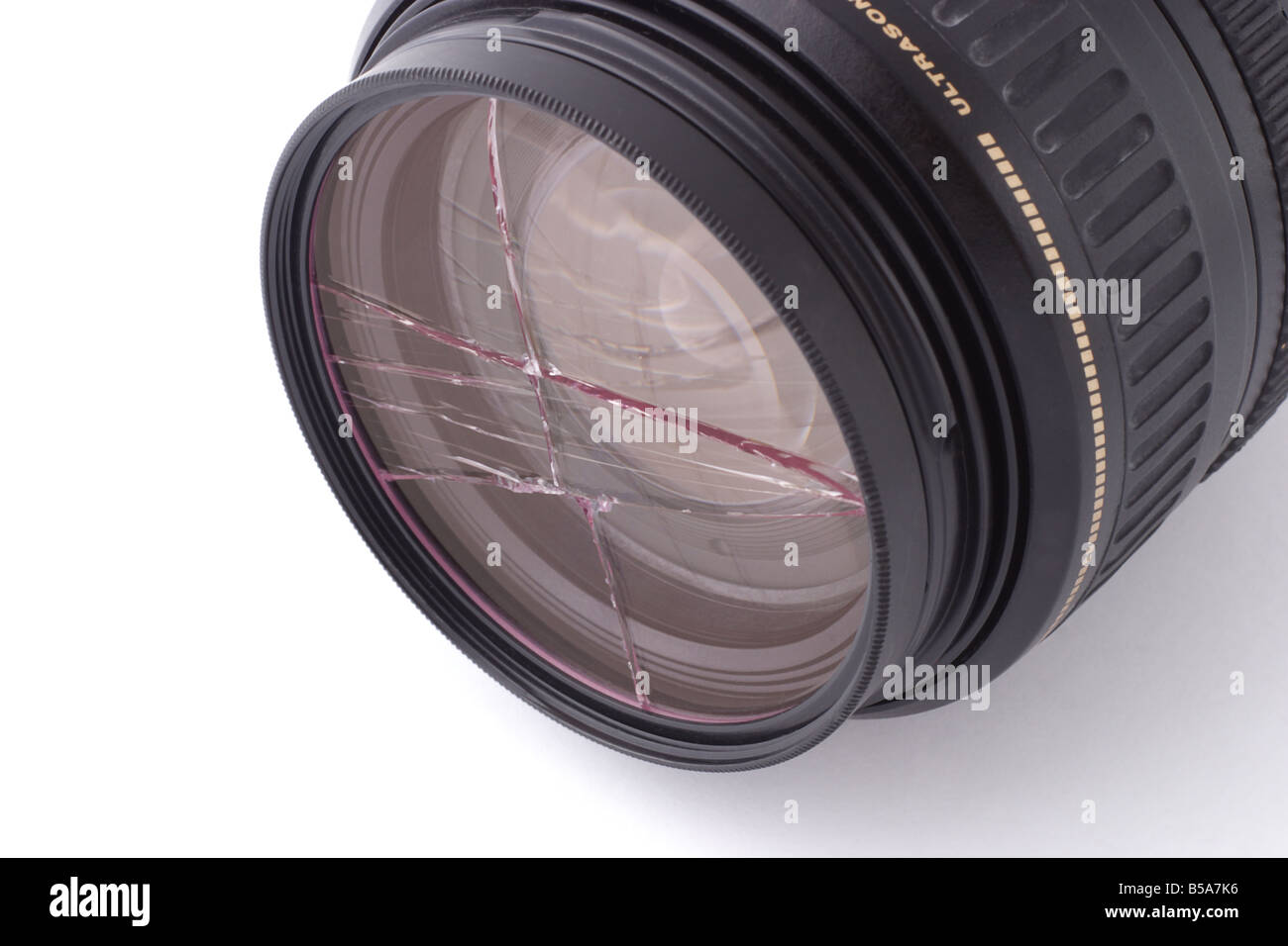 Shattered UV filter fitted on camera lens on white background Stock ...