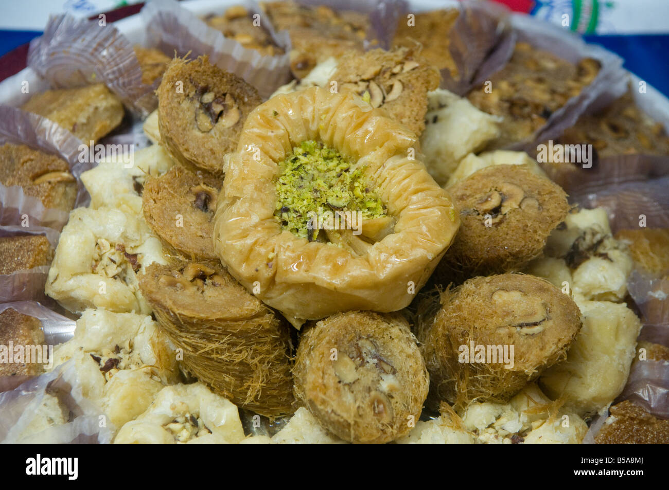 Traditional Mediterranean sweet Baklava delights with crushed pistachio ...
