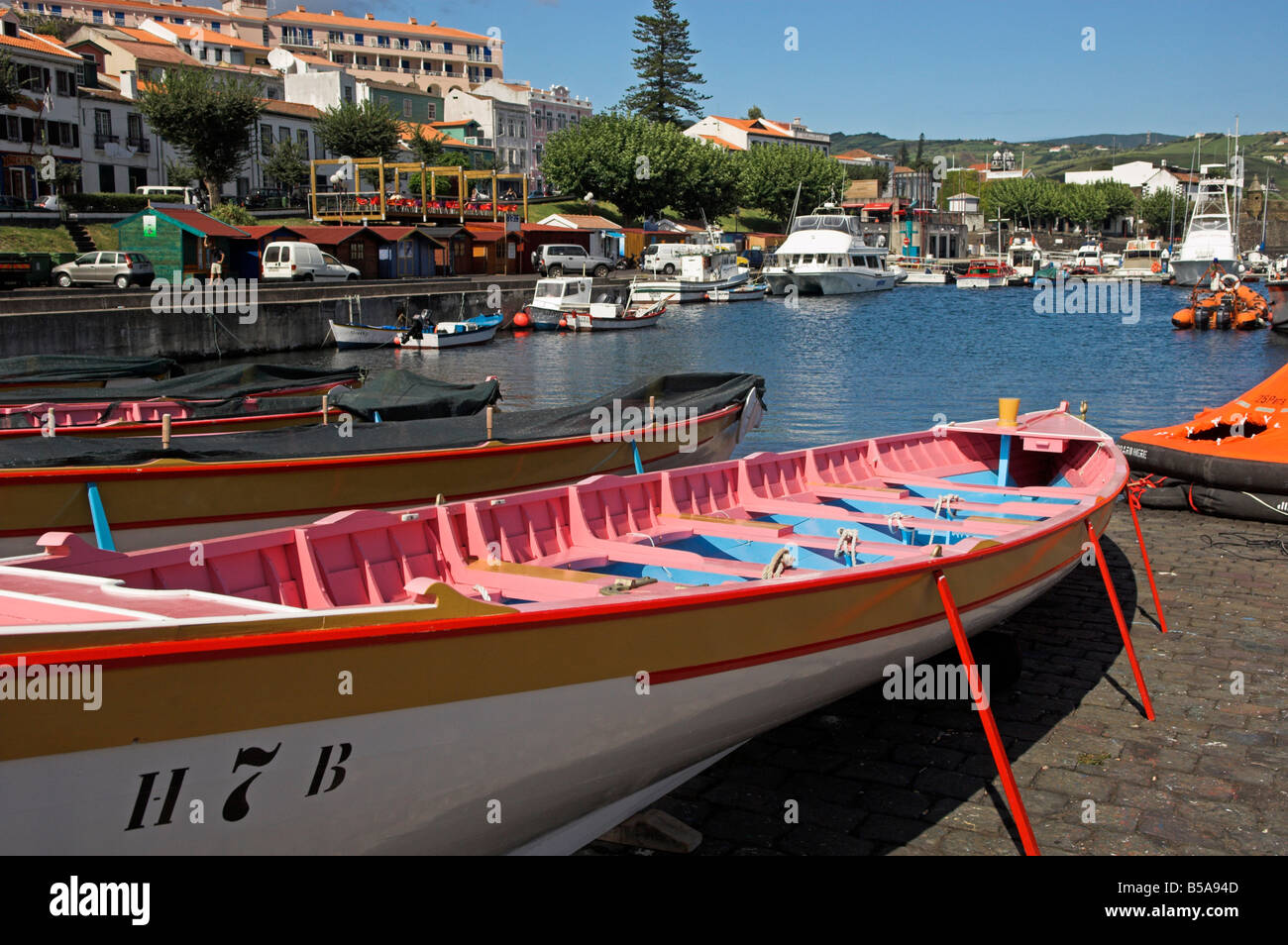 Boats in harbour of Horta island of Faial Azores Stock Photo - Alamy