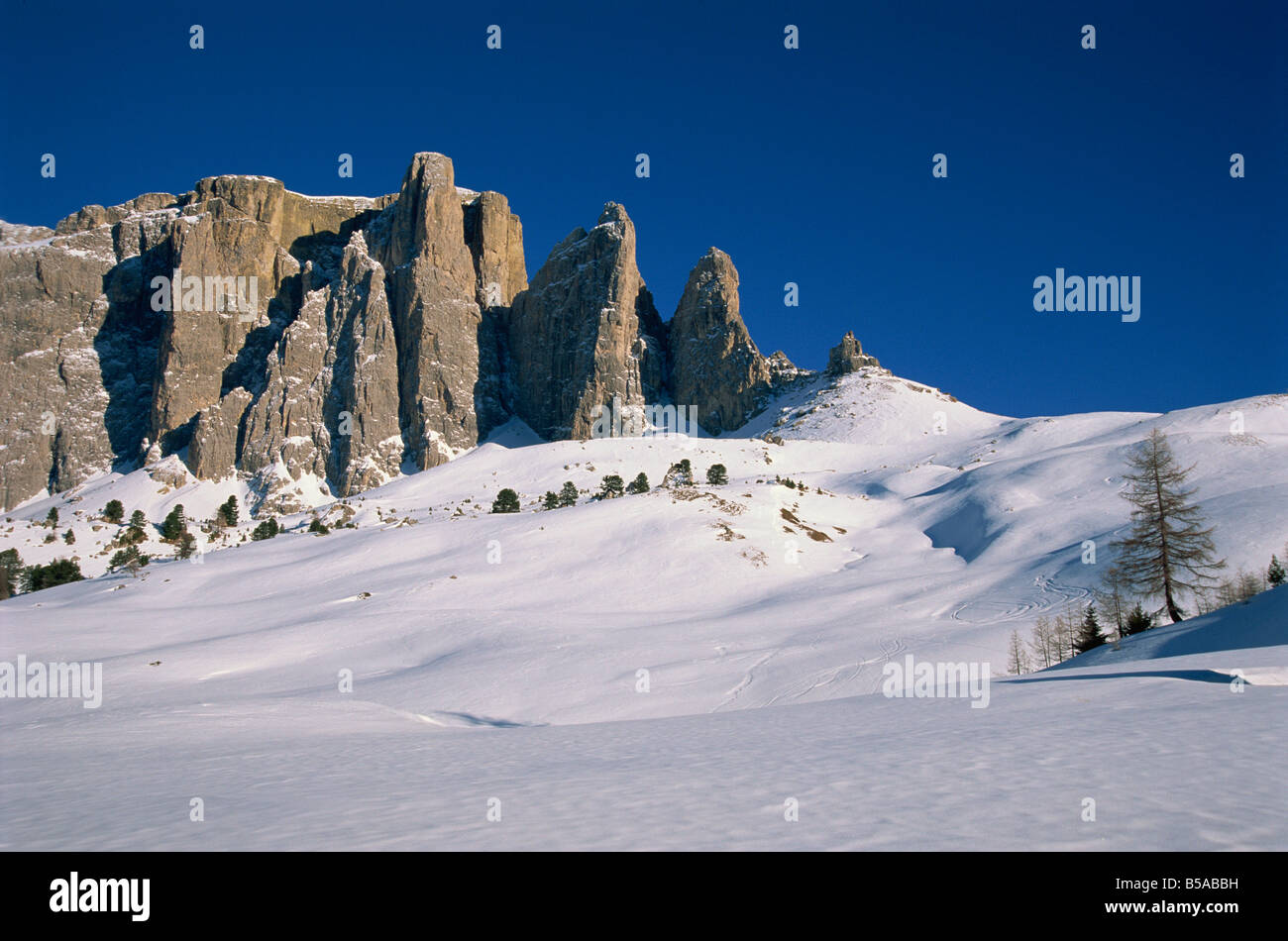 Mountains in the Passo Sella near the ski resort of Val Gardena in the ...