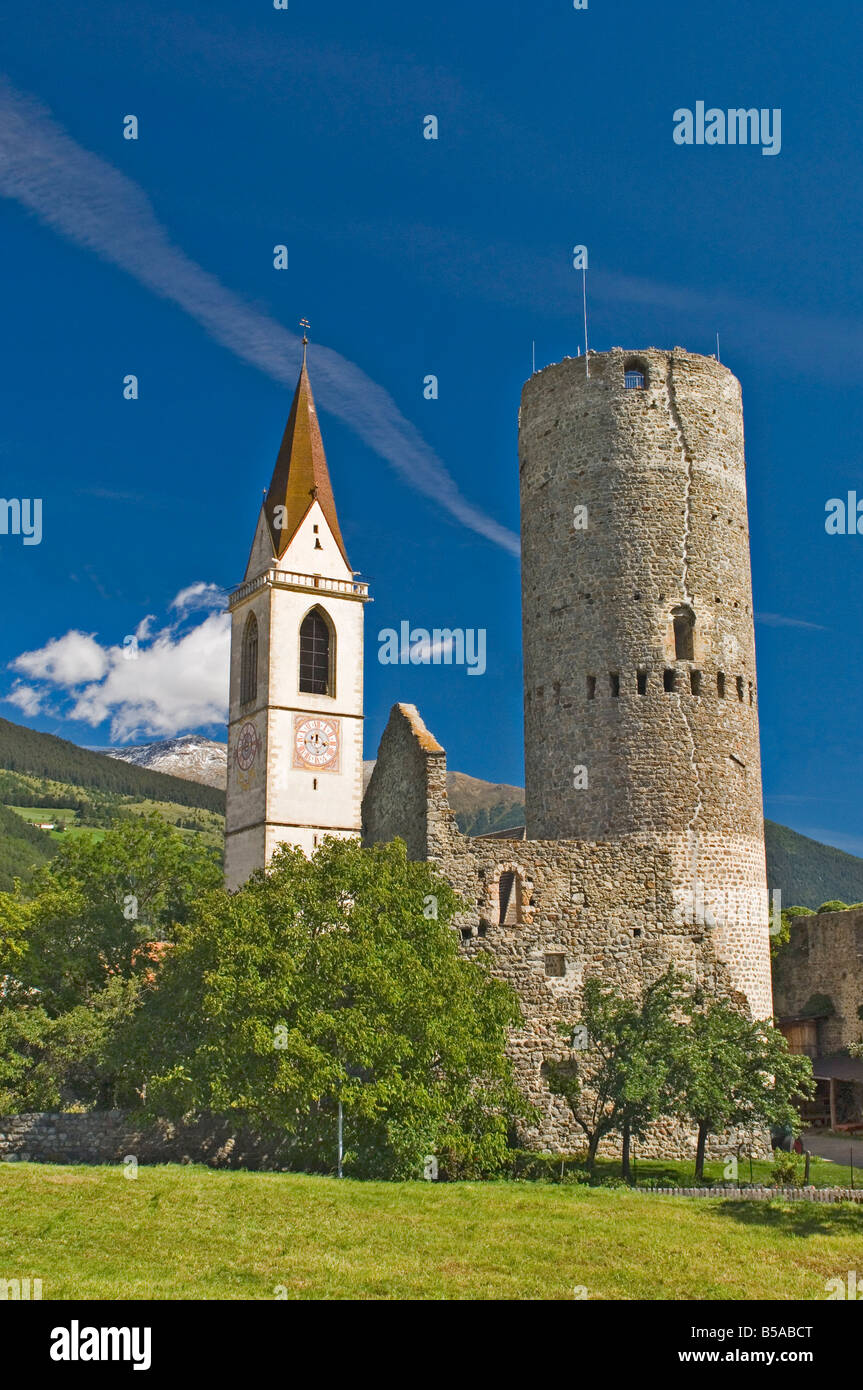 The church and tower of ancient castle, Malles Venosta, below Reschen ...