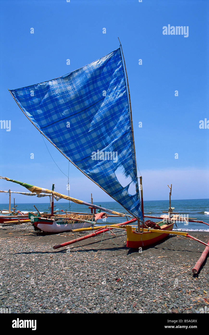 Traditional outrigger boats which fish at night for squid on the beach ...