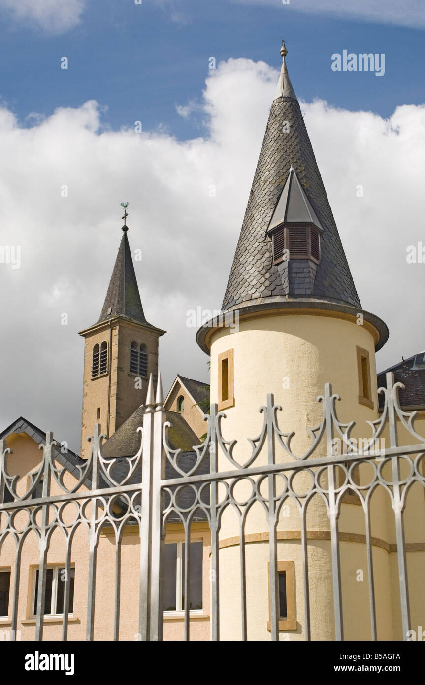 A gate tower at the Schloss, on the wine trail at Schengen, Moselle ...
