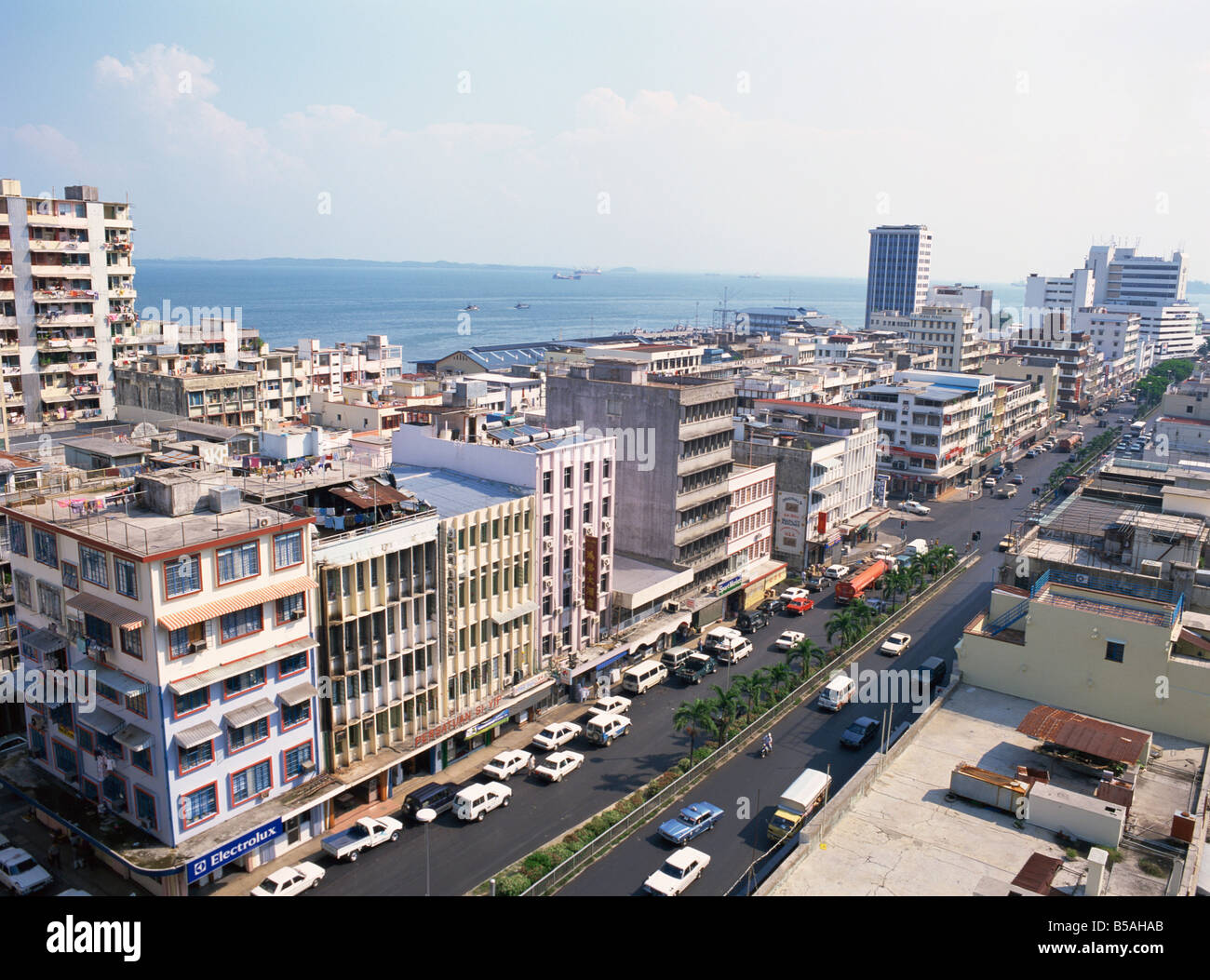Low aerial view of the main street of Sandakan Sabah Malaysia Asia R ...