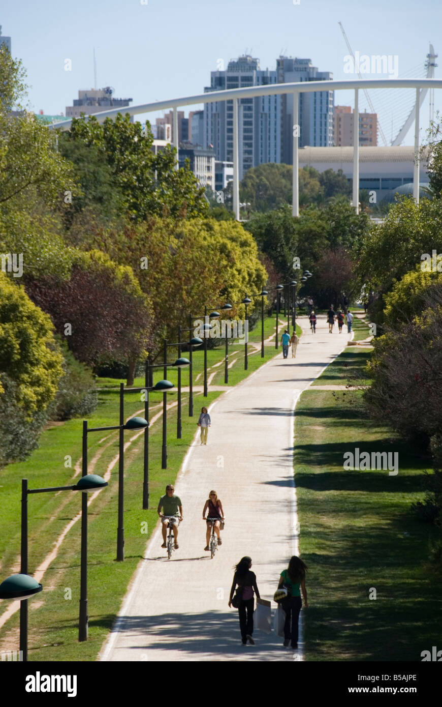 Cycle path in the former riverbed which is now the park Jardin del ...
