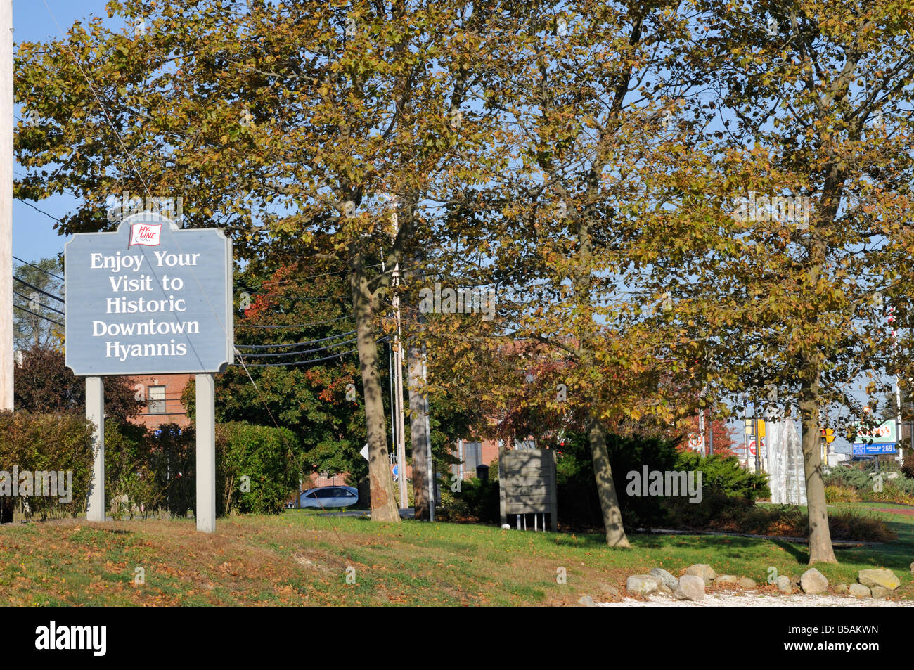 Welcome sign enjoy your visit to historic downtown Hyannis on Cape Cod ...