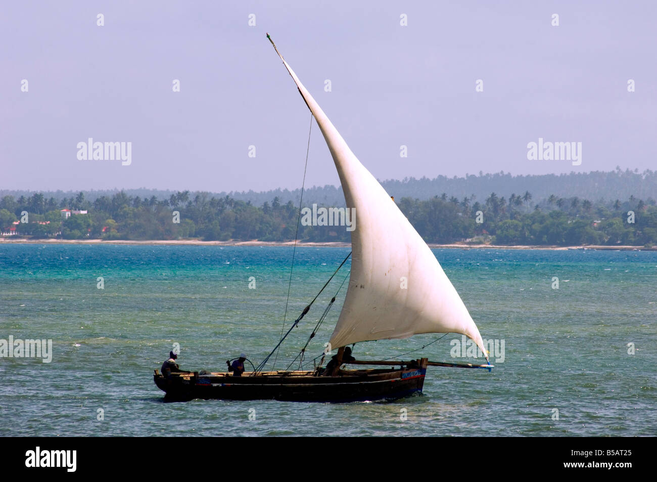 A traditional wooden dhow sailing off the coast of Zanzibar Tanzania ...
