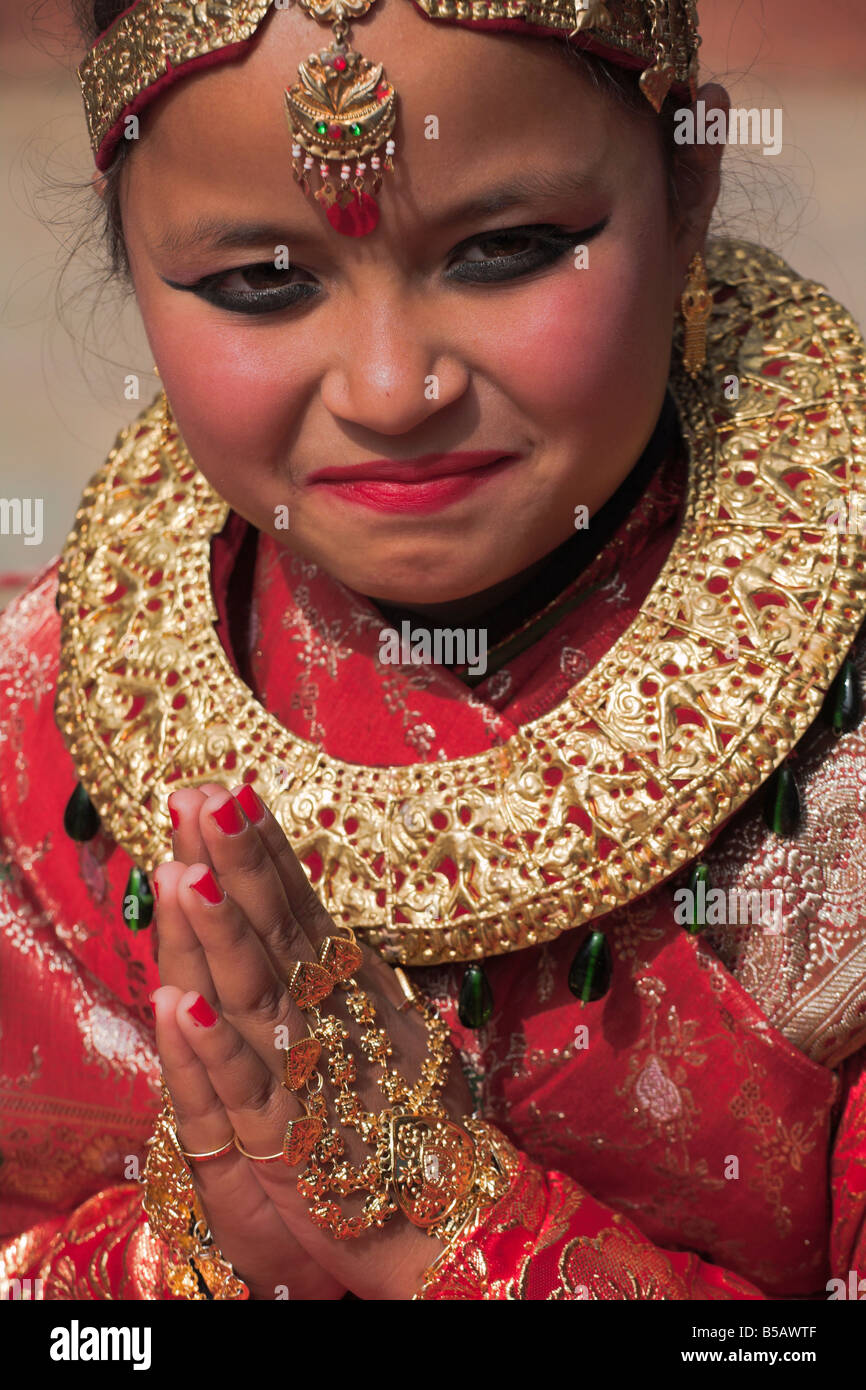 Girl at Kumari living goddess festival Durbar Square Kathmandu Nepal ...