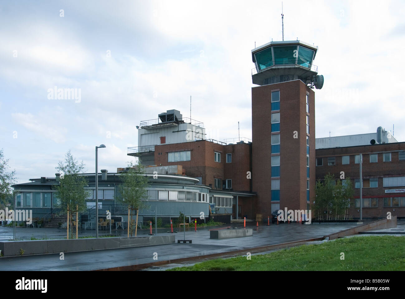 Red brick building and control tower at the old Fornebu Airport in Oslo ...