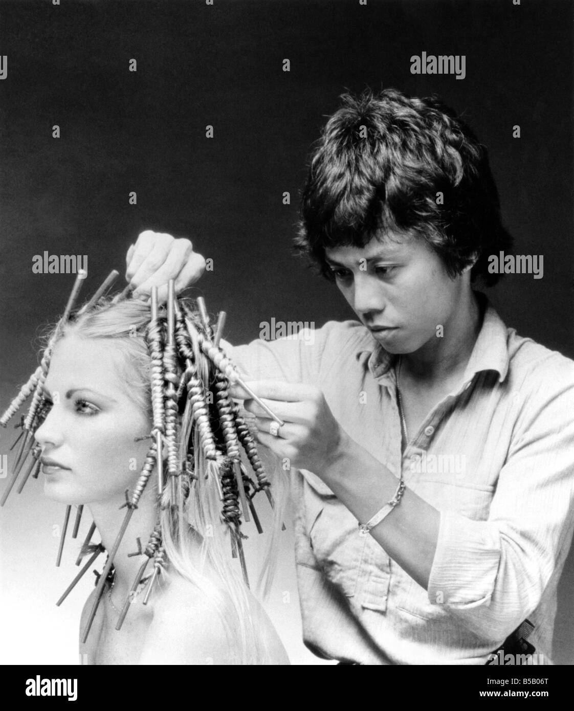 Hairdresser Allan Soh demonstrates the Chinese perm. June 1981 P007893 ...