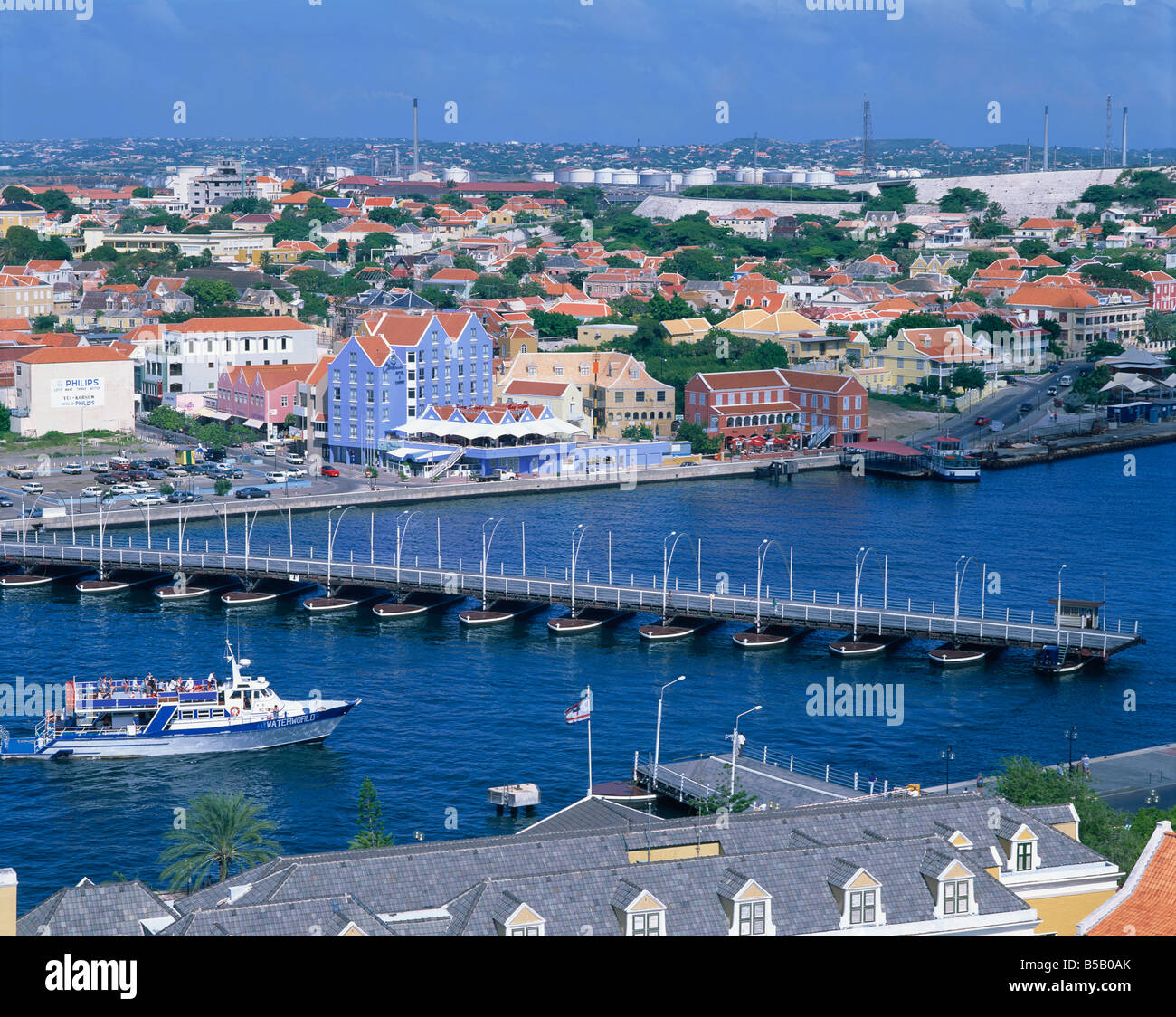 Aerial view over St Anna Bay with the Queen Emma Bridge open for boats ...
