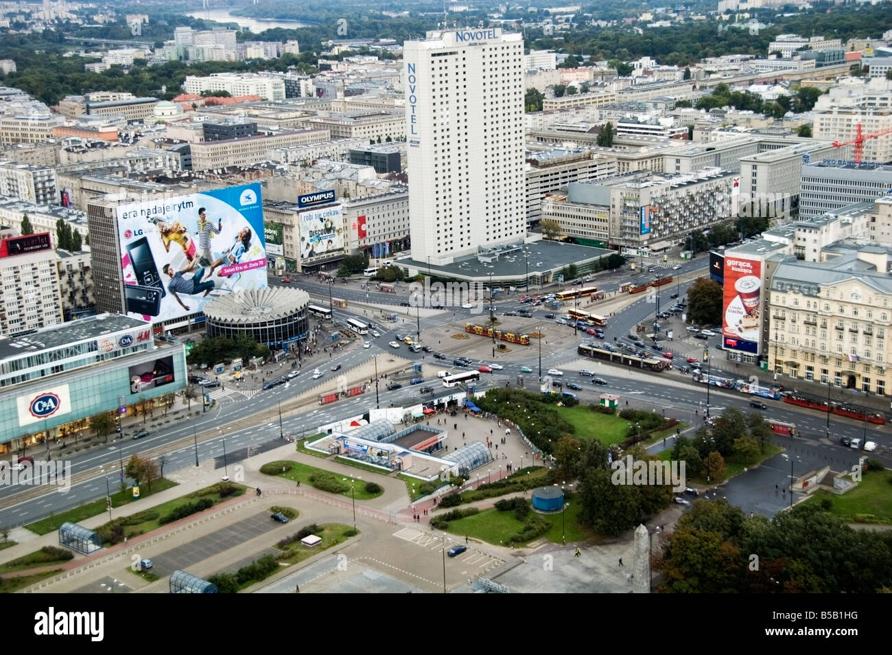 Aerial, skyline view of Central Warsaw Śròdmieście Wars, Sawa & Junior ...