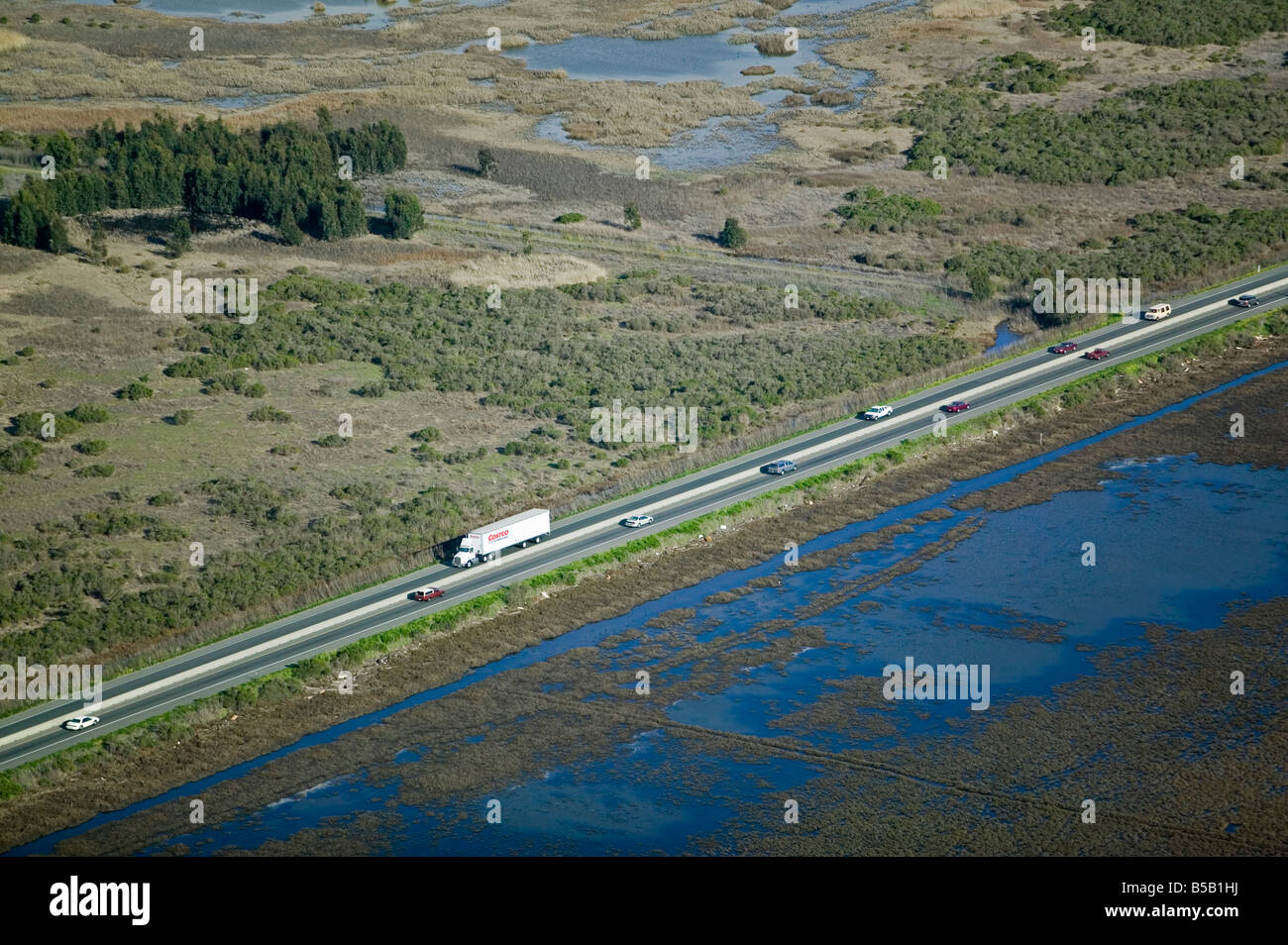 aerial view above truck and cars highway 37 Napa county California ...