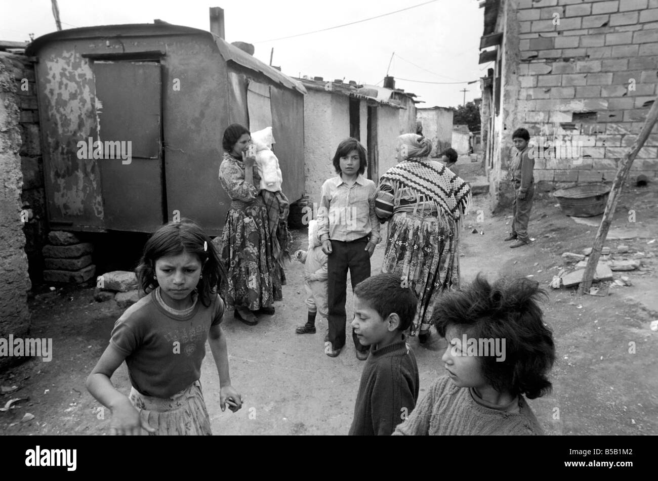 Children and reisdents on the streets in a poor suburb on the outskirts ...