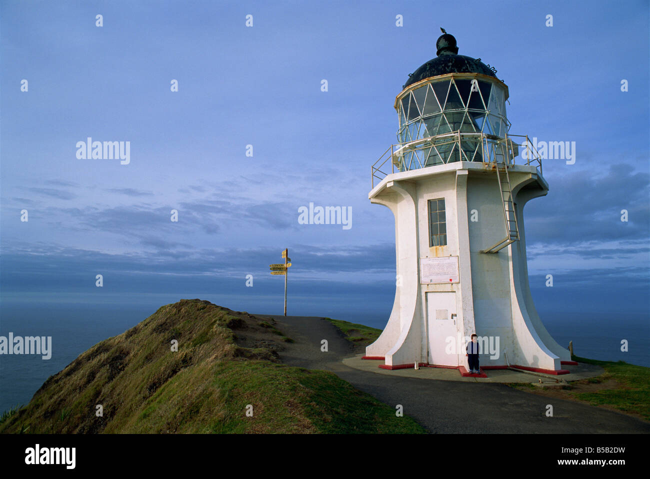 Lighthouse and sign at Cape Reinga Northland North Island New Zealand ...