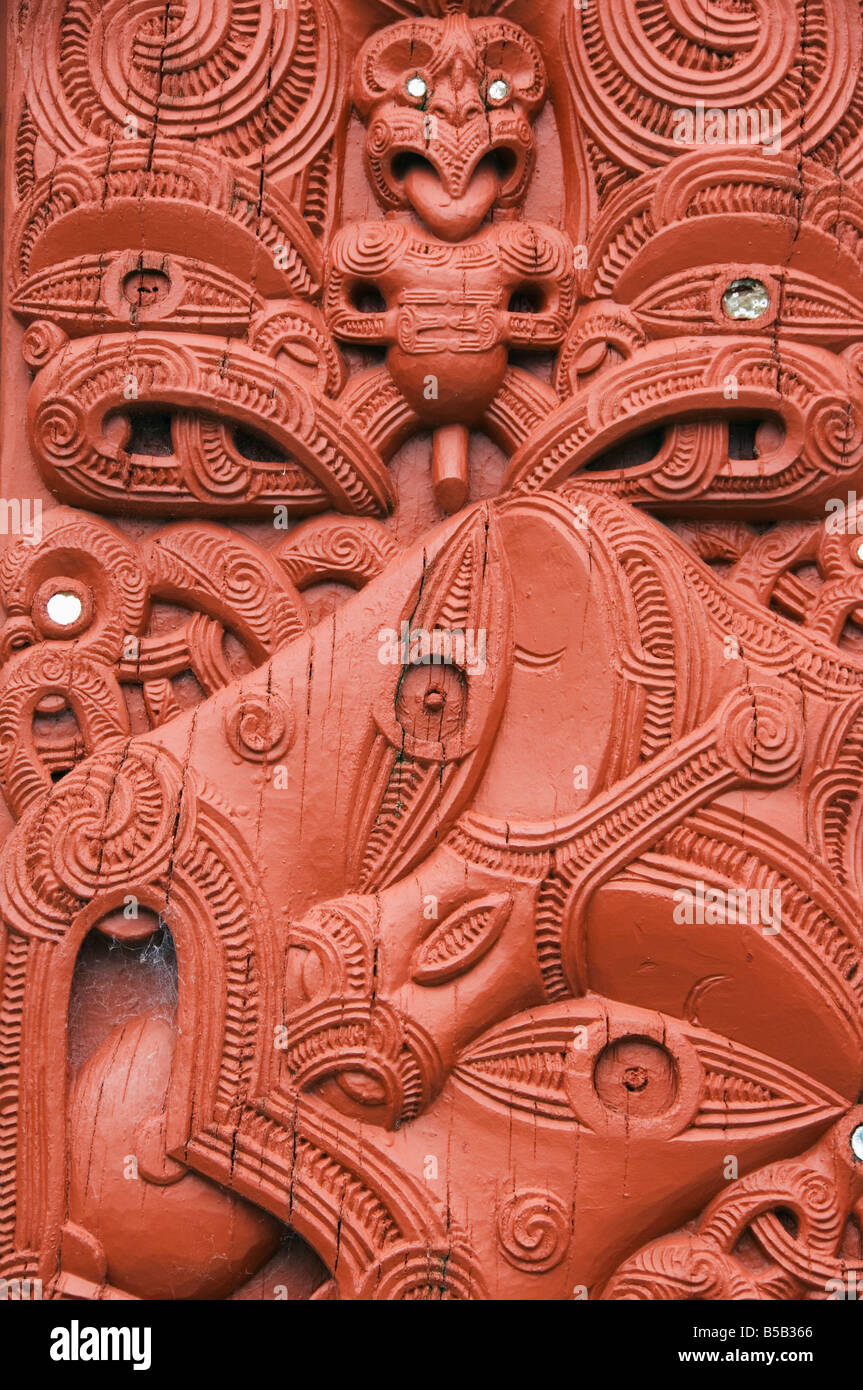 Carvings on a Whare Whakairo Meeting House, Te Puia Maori Village ...