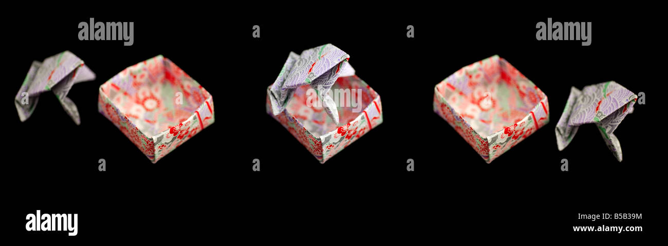 Series of images of a colorful origami frog jumping on and off an ...