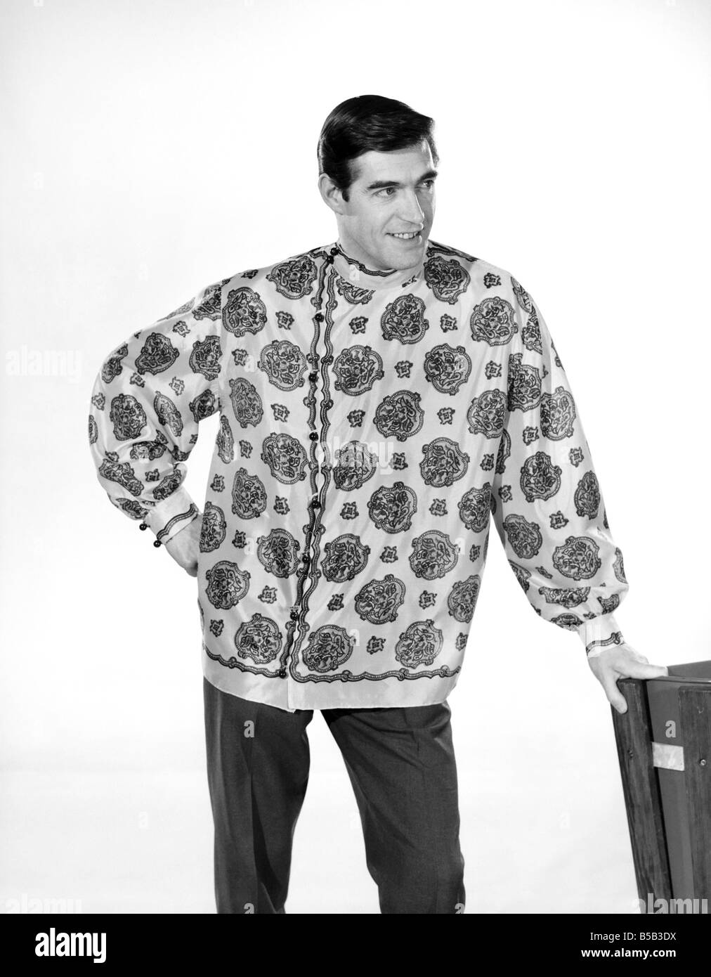 Male model Peter Christian wearing silk shirt. Circa 1964 Stock Photo ...