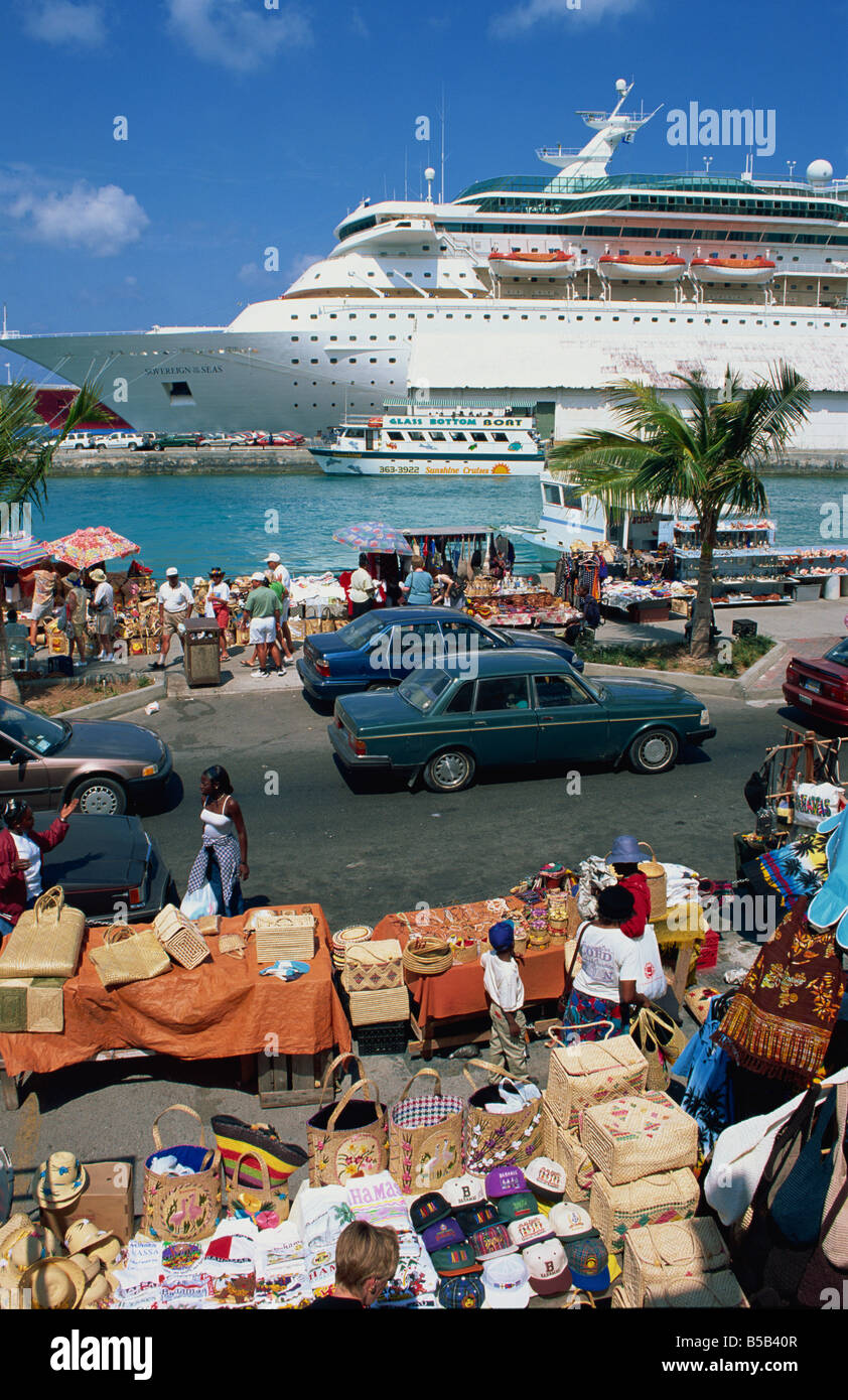 Aerial view over dockside market stalls for cruise ship tourists and ...