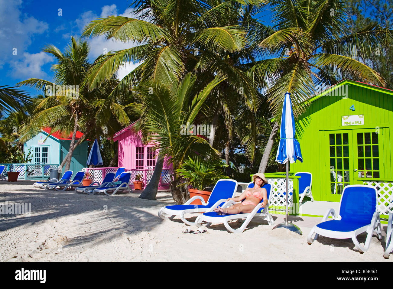 Beach cabana and woman, Princess Cays, Eleuthera Island, Bahamas, West ...