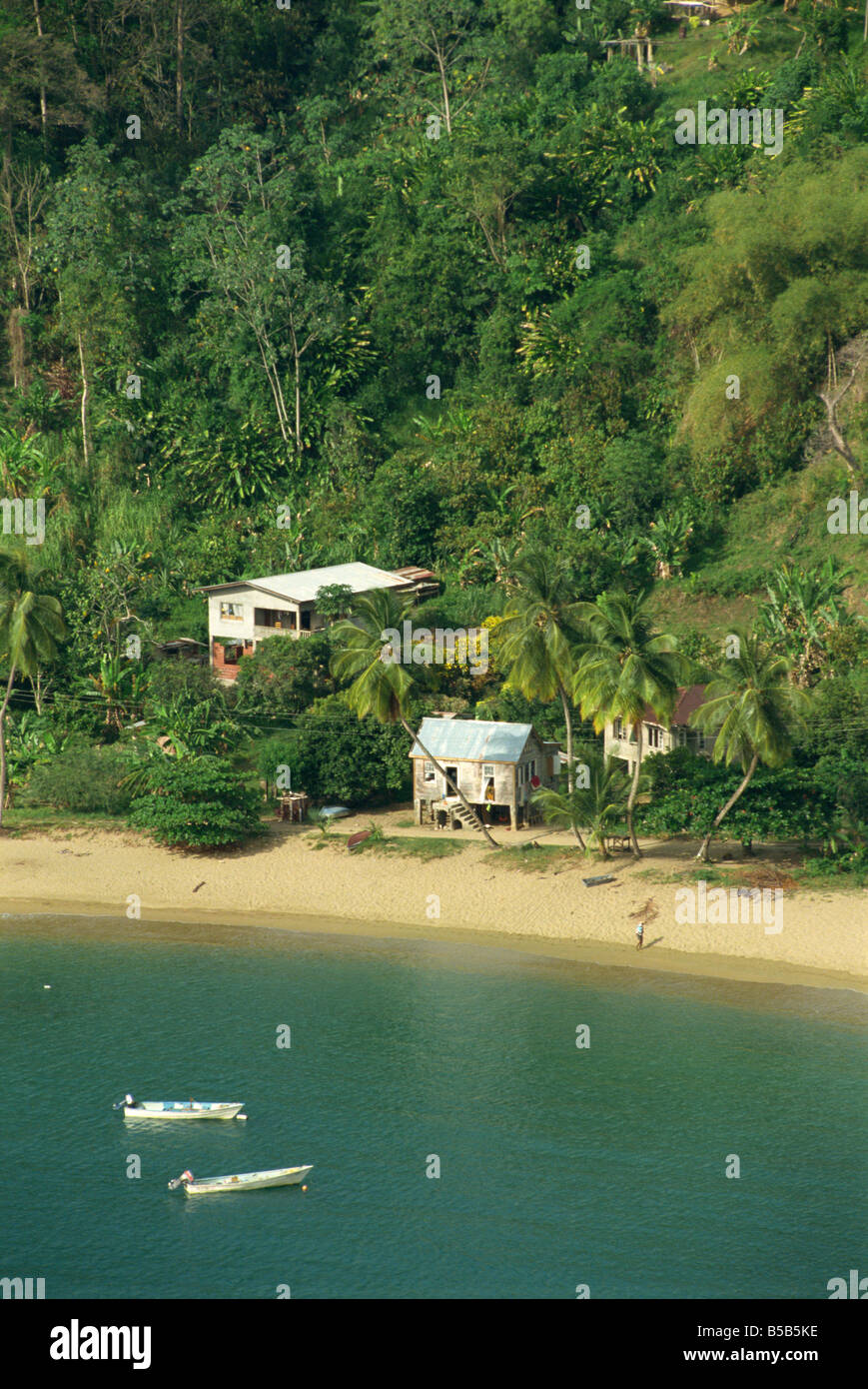 Aerial view over housing on beach in Parlatuvier Bay Tobago West Indies ...