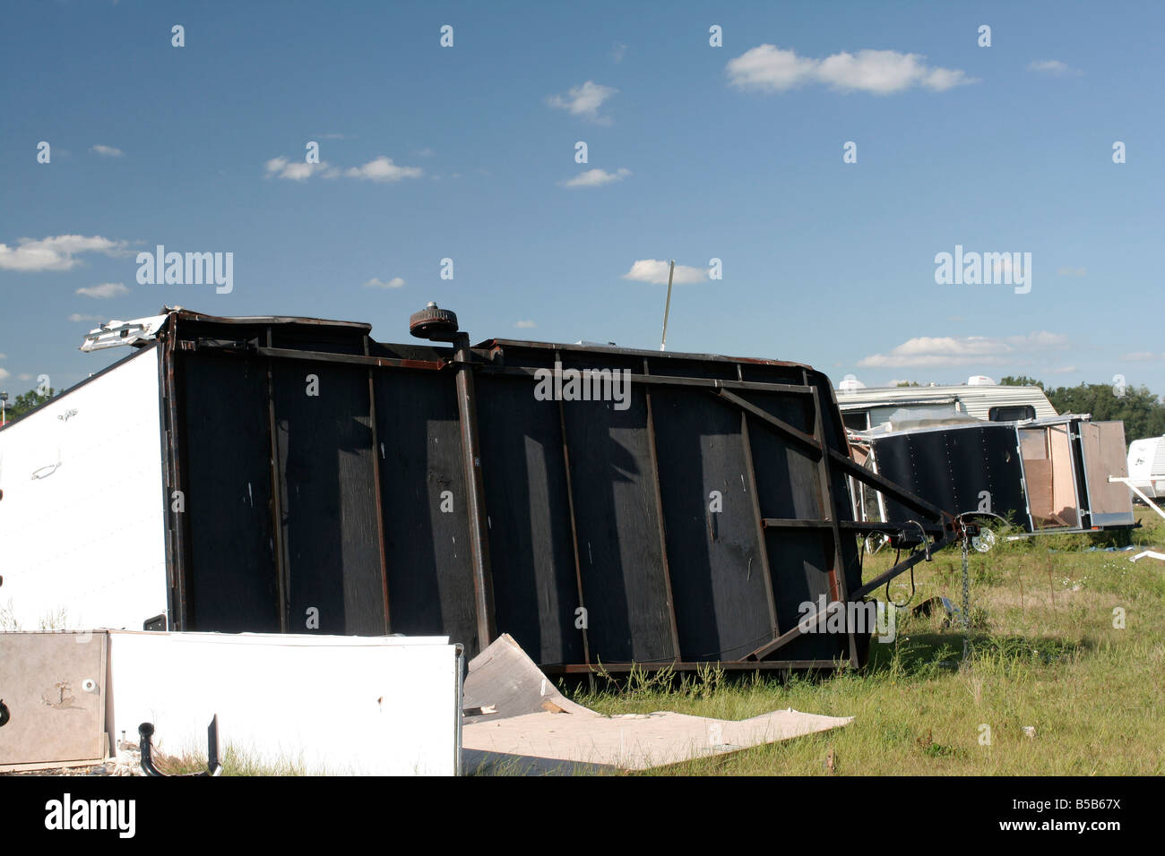 Trailer overturned by tornado Stock Photo - Alamy