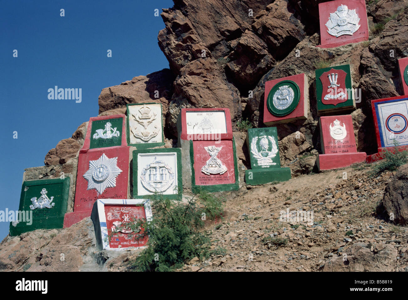 Regimental plaques on the mountain side in the Khyber Pass N W Frontier ...