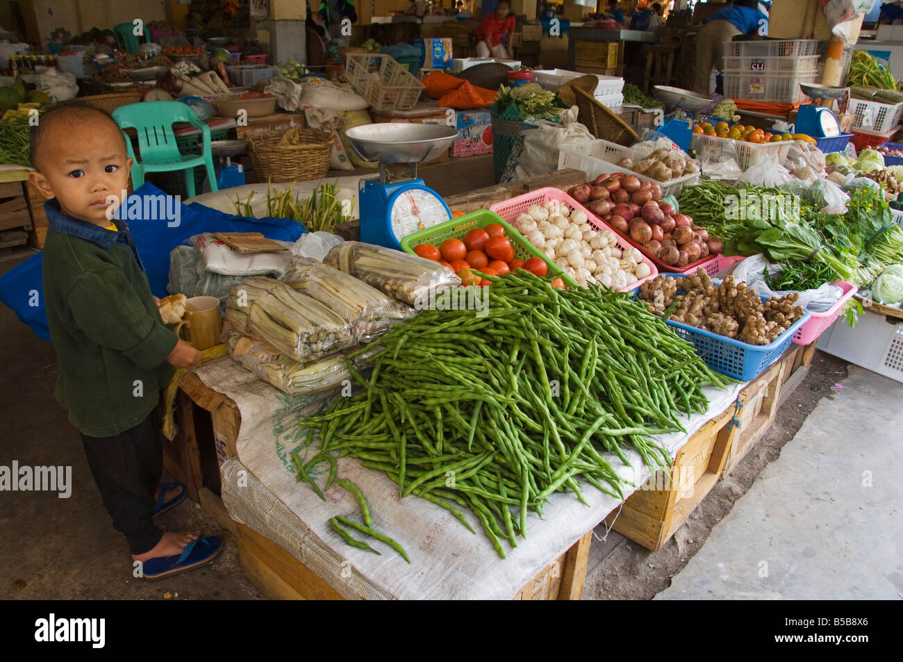 Little boy vendor at vegetable stall in food market, Bontoc, The ...