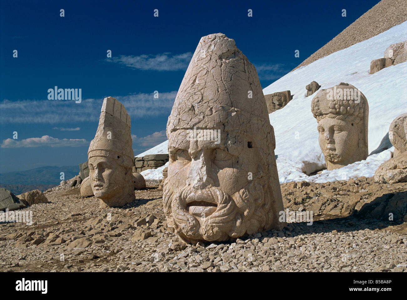 Statue heads of Zeus, Antiochos and Tyche, west terrace at Nemrut Dag ...