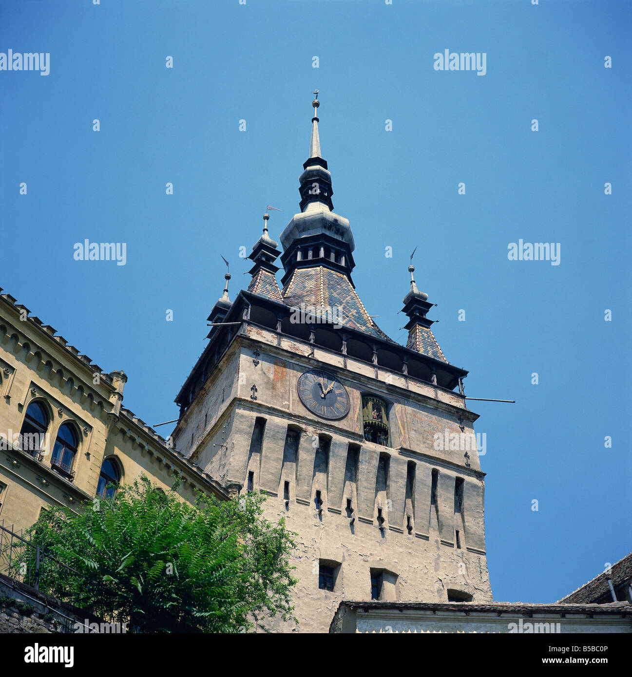 C14th Clock Tower with 1648 clock in the medieval citadel at Sighisoara ...