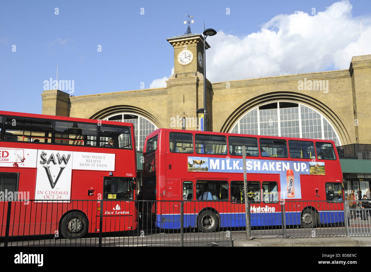 Red London buses in front of Kings Cross Station Euston Road, Camden ...
