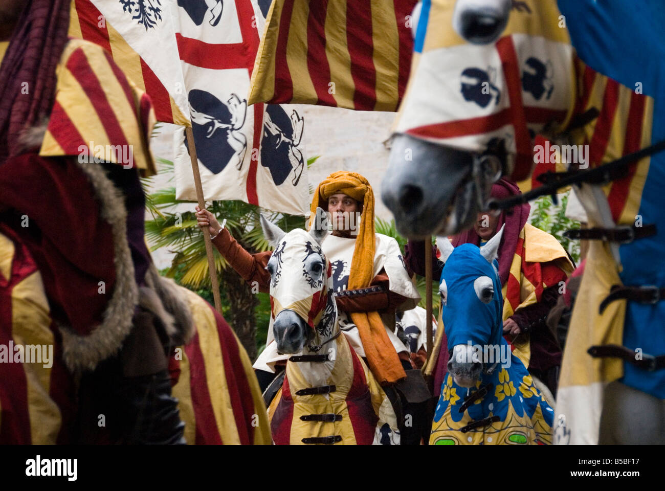 Medieval knights on horseback in Spanish civic parade Valencia ...