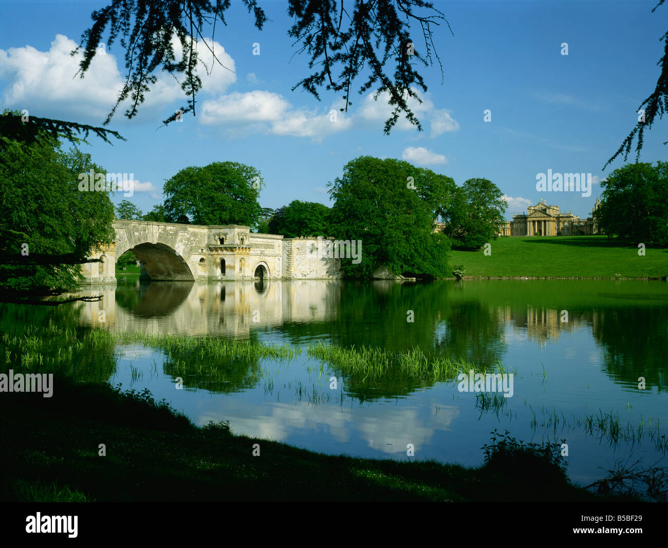 Bridge, lake and house, Blenheim Palace, Oxfordshire, England, Europe ...