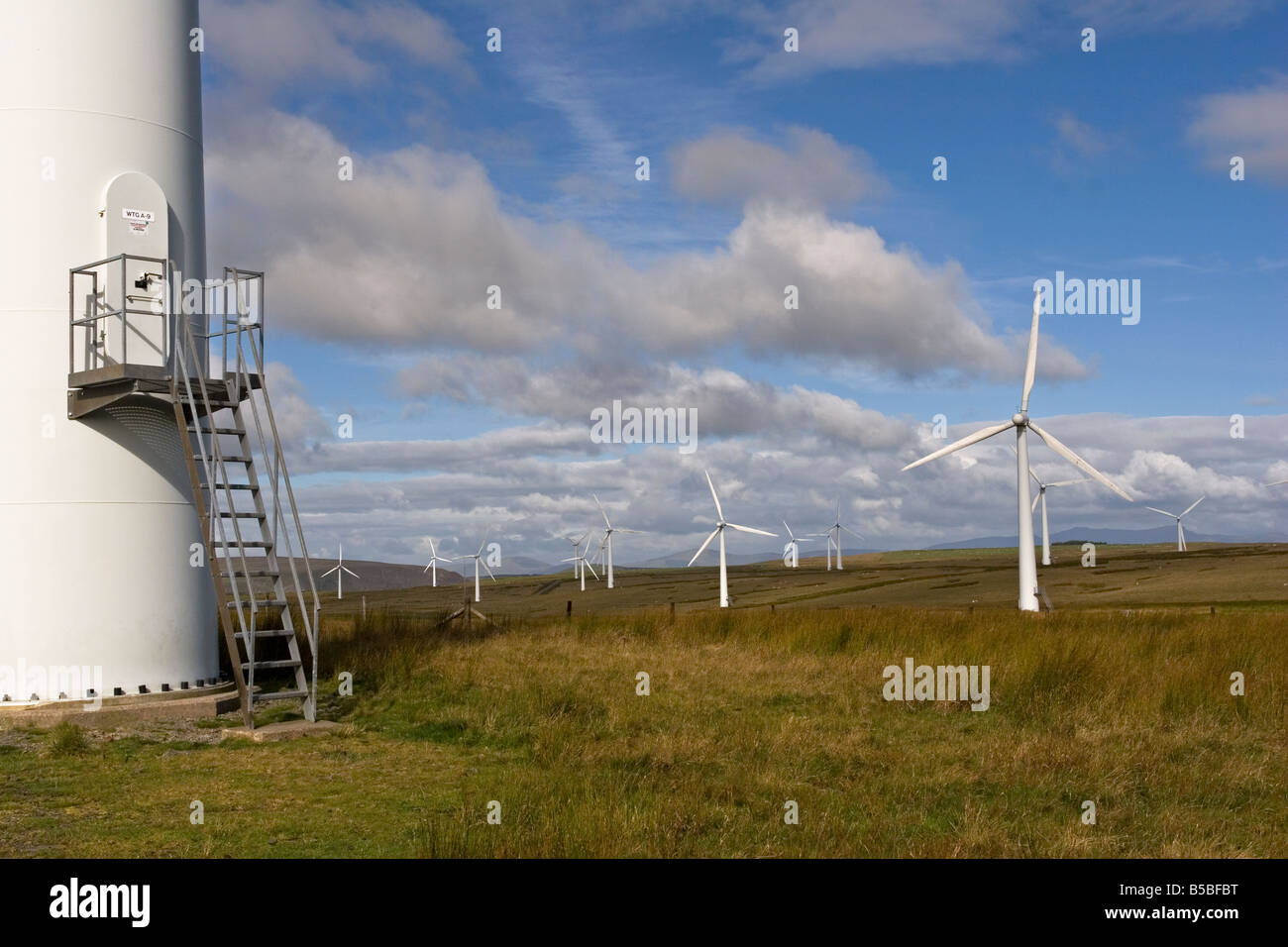 Wind power turbines at Carno wind farm producing electricity for part ...