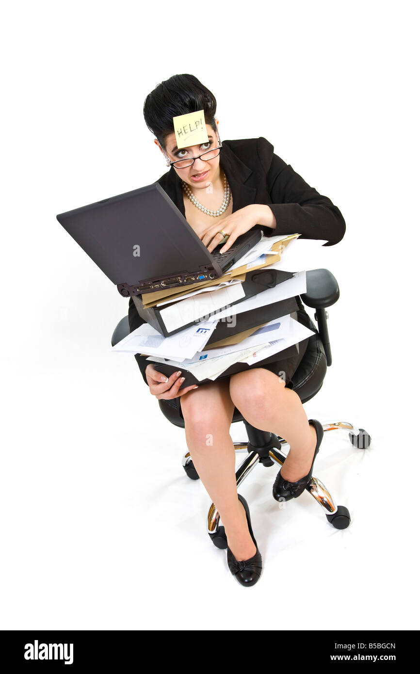 Business woman sitting on an office chair overwhelmed with work. Post ...