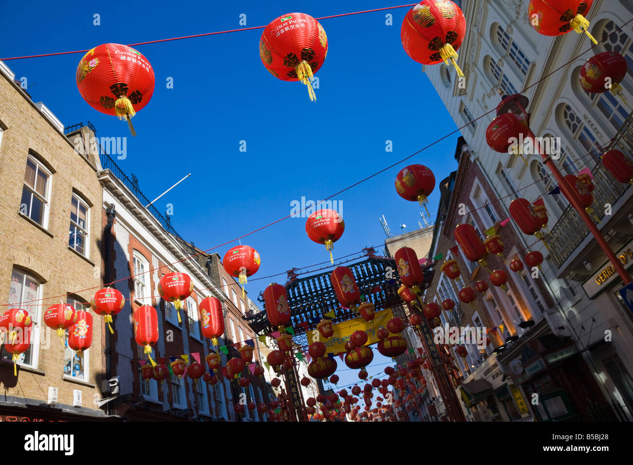 Gerrard Street, Chinatown during Chinese New Year celebrations, decorated with colourful Chinese ...
