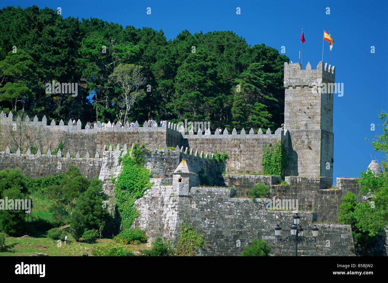 Medieval walls surrounding the parador, Bayona, Galicia, Spain, Europe ...
